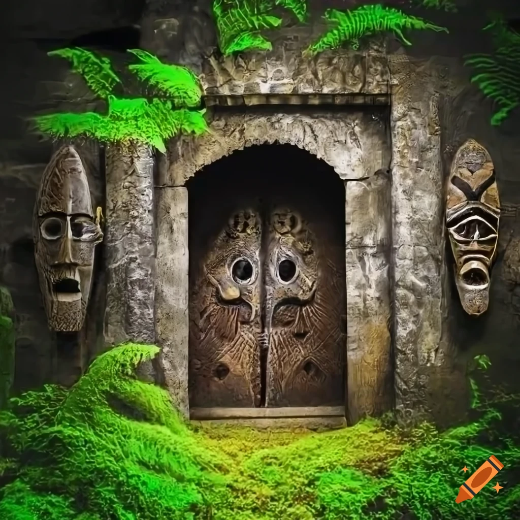 Ancient stone door with african masks in a cave on Craiyon