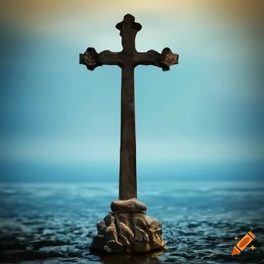 Old cross in cemetery at sunset on Craiyon