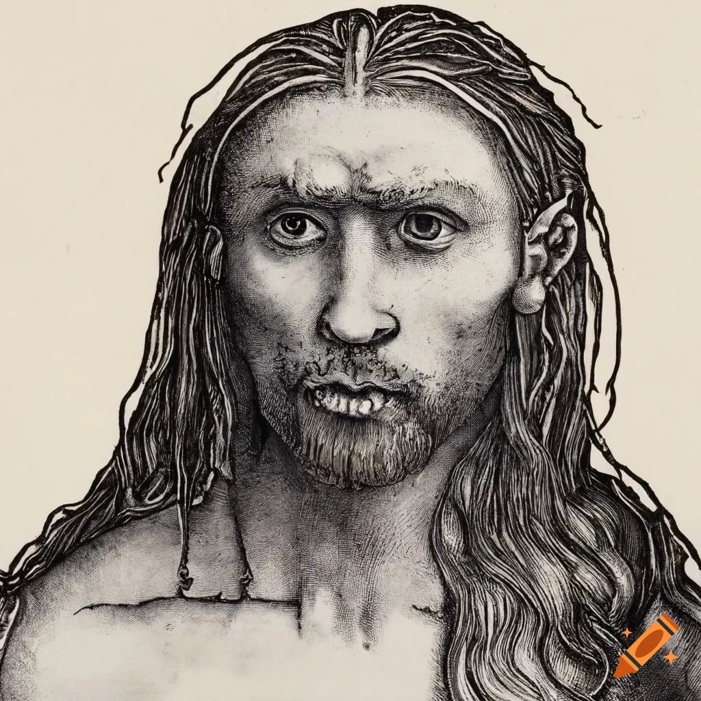 Durer woodcut of jesus and neanderthal hybrid on Craiyon