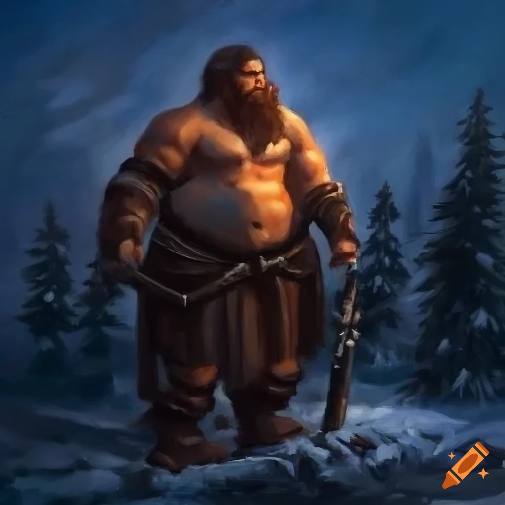 Fantasy depiction of a bearded male barbarian in a winter taiga