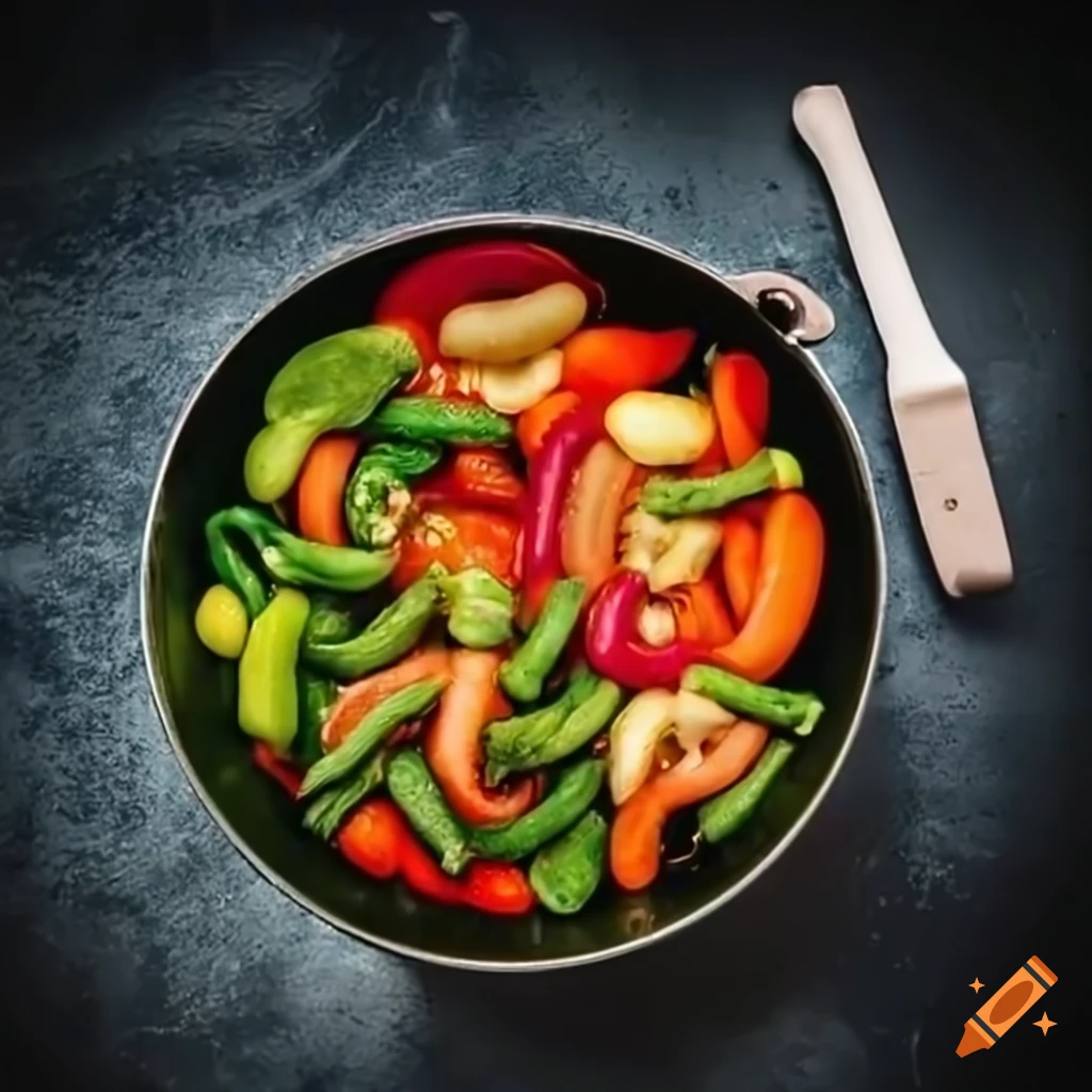 Colorful fresh vegetables in a frying pan on Craiyon