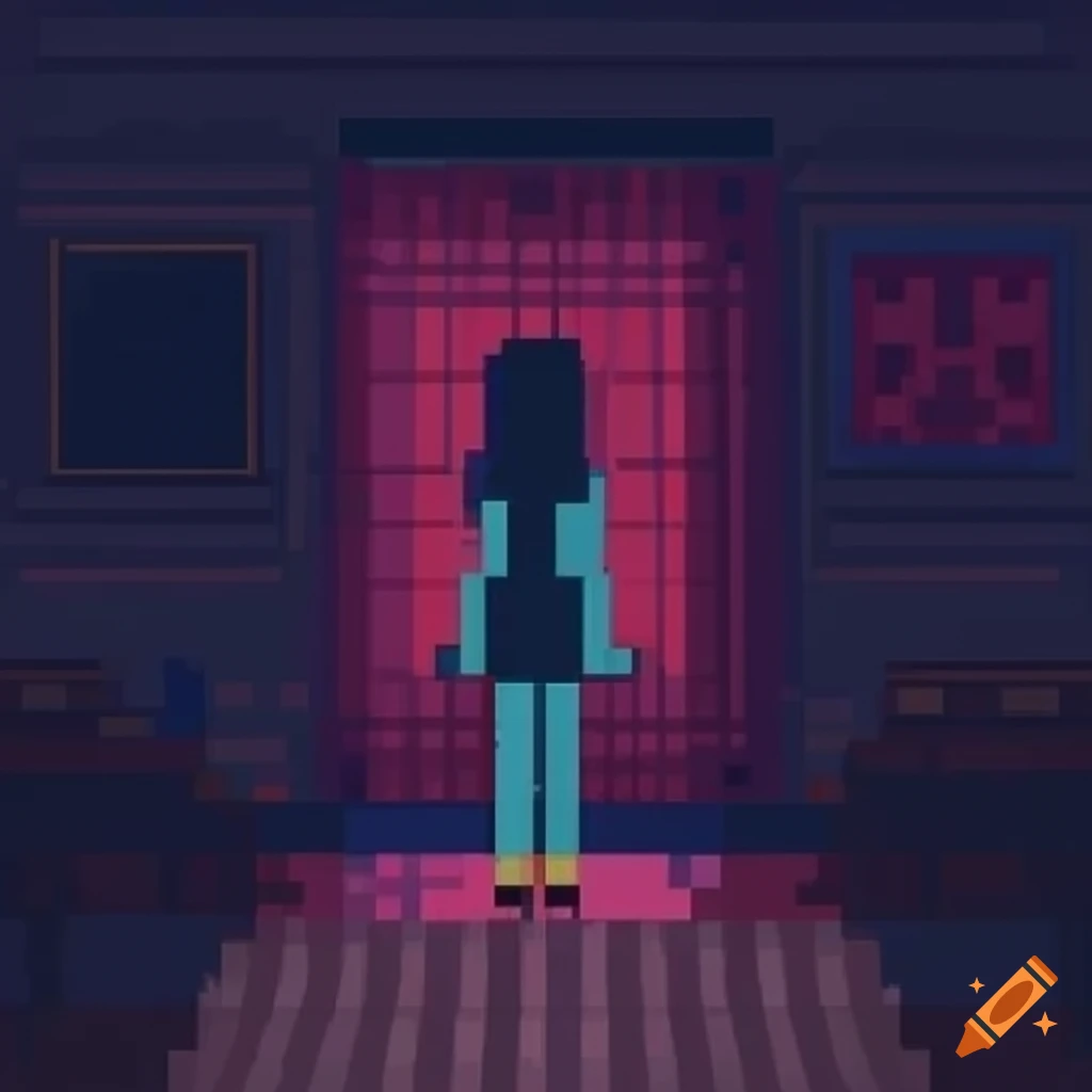 Pixel art of a girl in a dimly lit room on Craiyon
