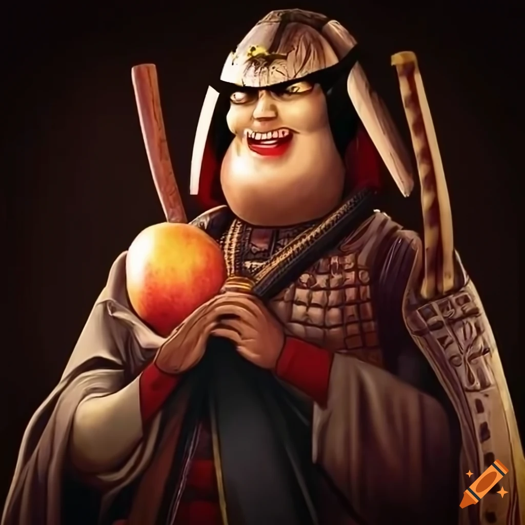 Humorous image of a fat samurai enjoying an apple on Craiyon