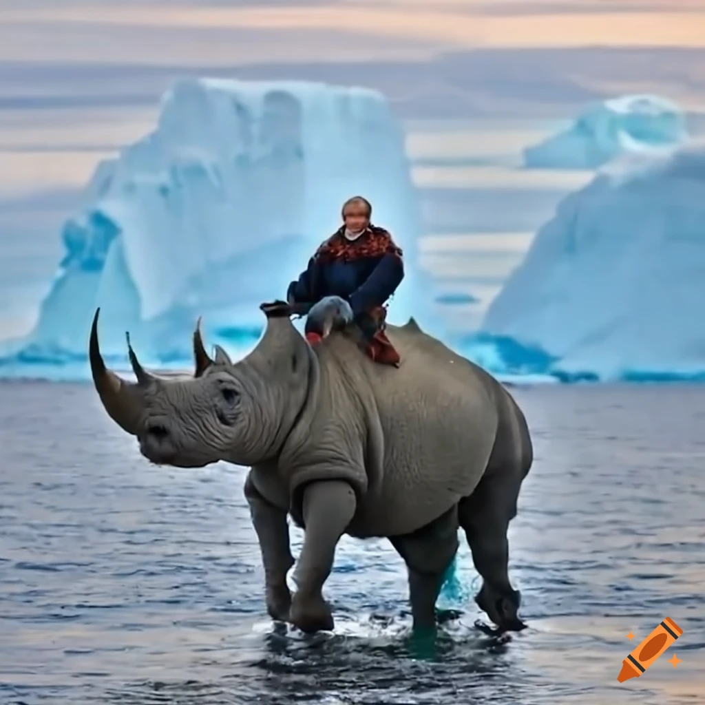Old man riding a rhino on the antarctic coast on Craiyon