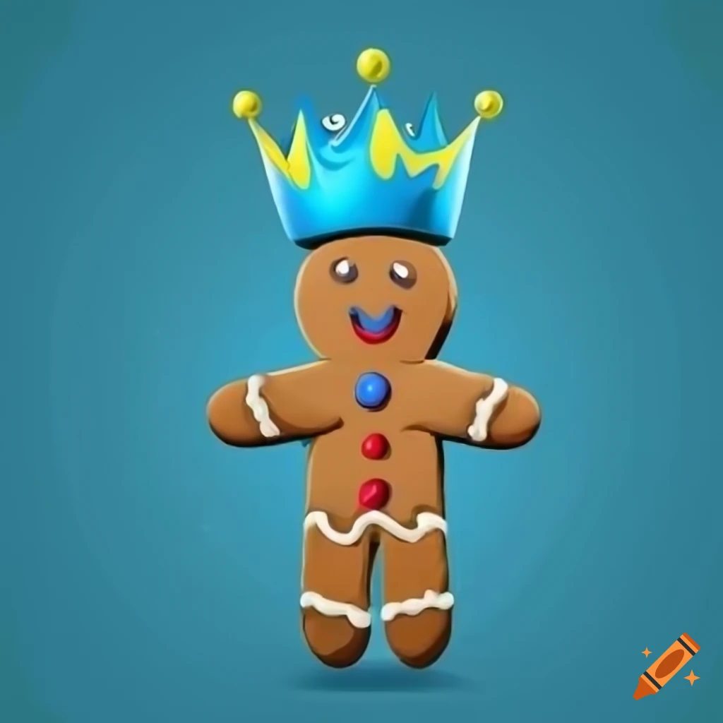 Cartoon of a gingerbread man king with a blue crown on Craiyon