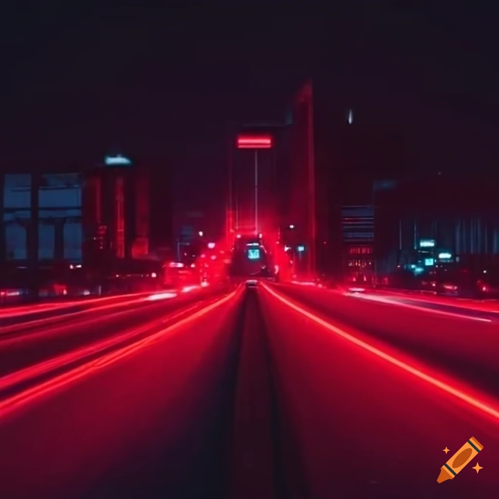 Red neon-lit highway at night on Craiyon