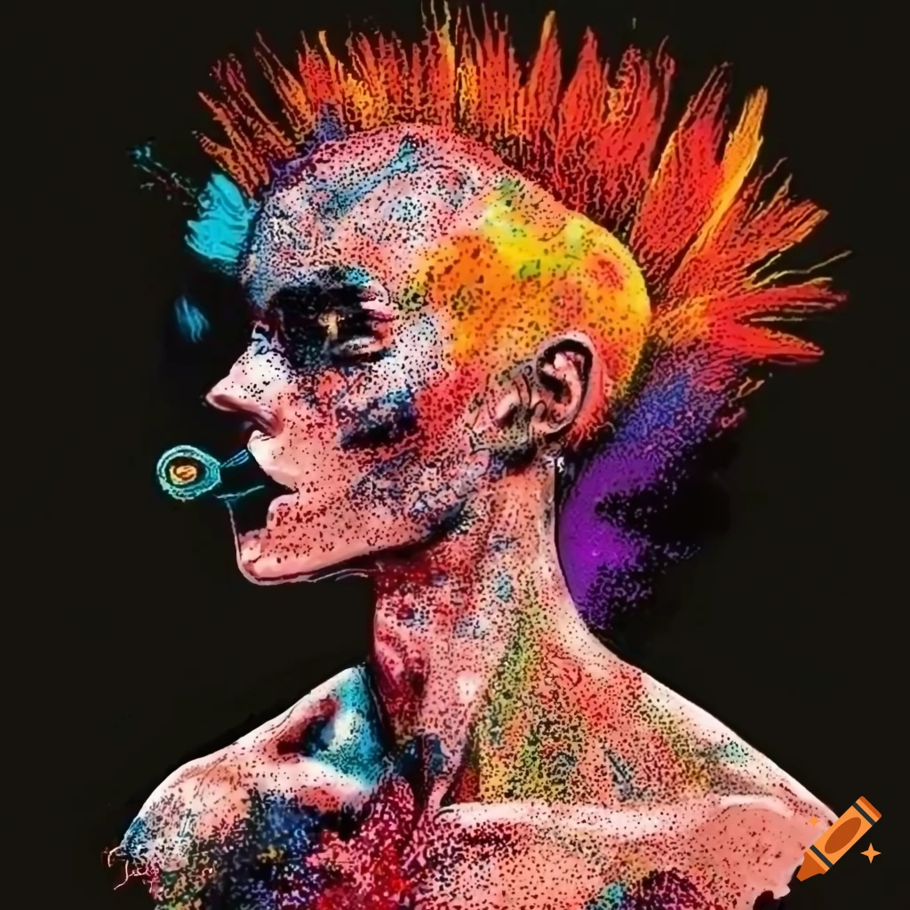 Pointillism illustration of a punk character inspired by 1930s dc comics