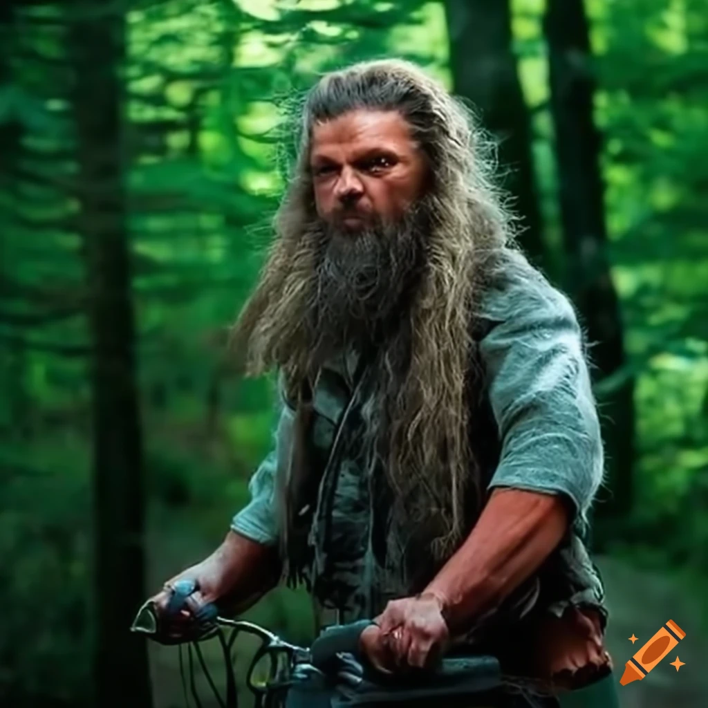 Viking riding a bicycle in a snowy forest