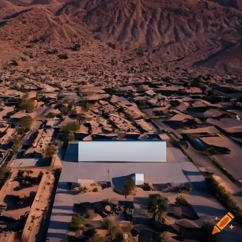 Aerial view of a modern art museum in the desert on Craiyon