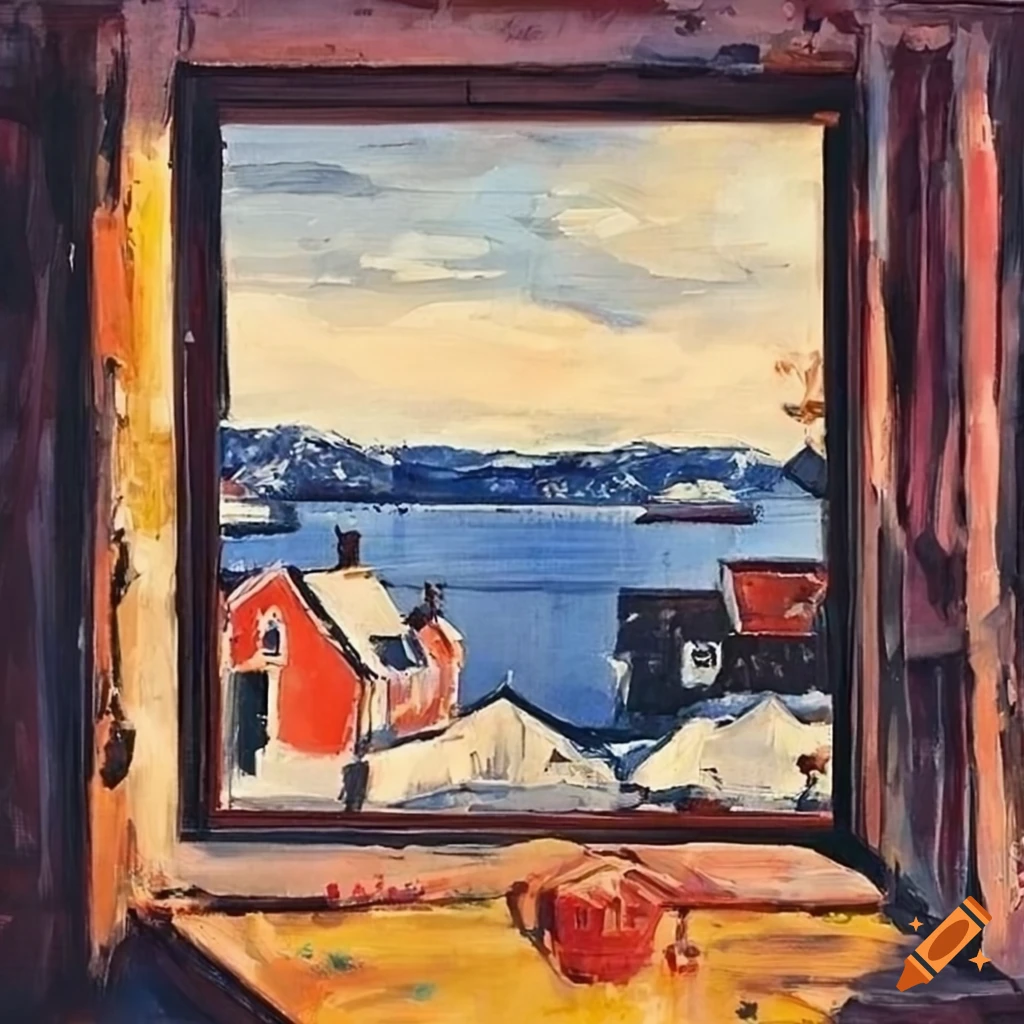 Painting of a window with flowers and snowy rooftops in the background on Craiyon