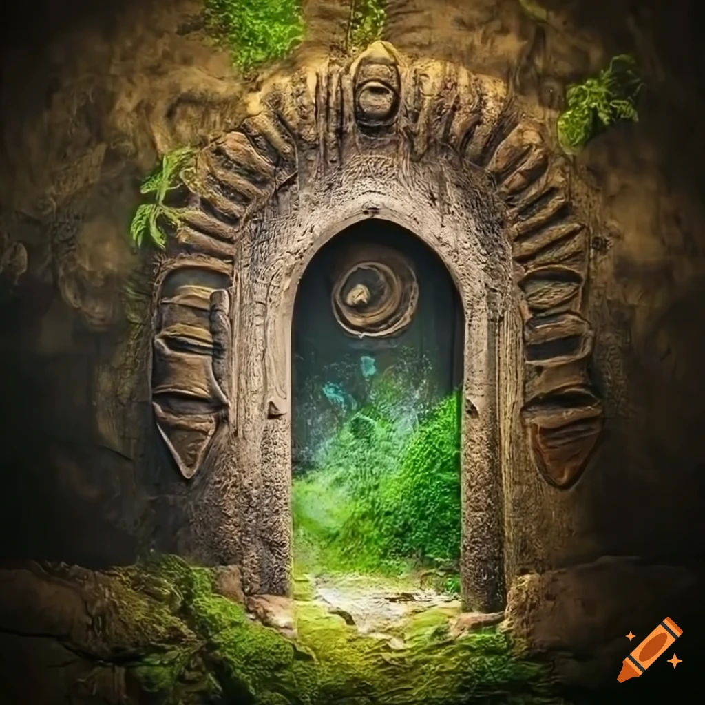 Stone door in a cave with engraved masks and all-seeing eye