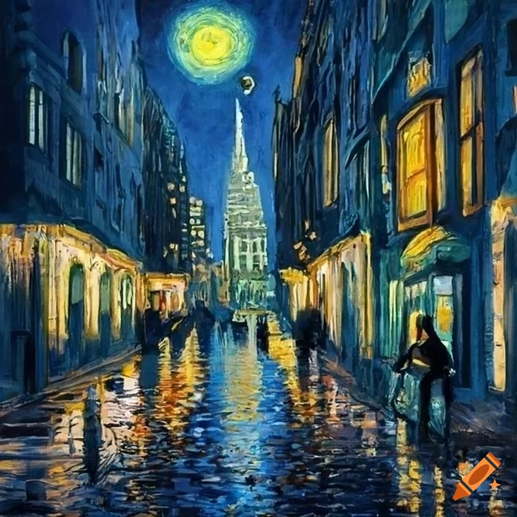 City lights reflecting on wet pavement in van gogh's style on Craiyon