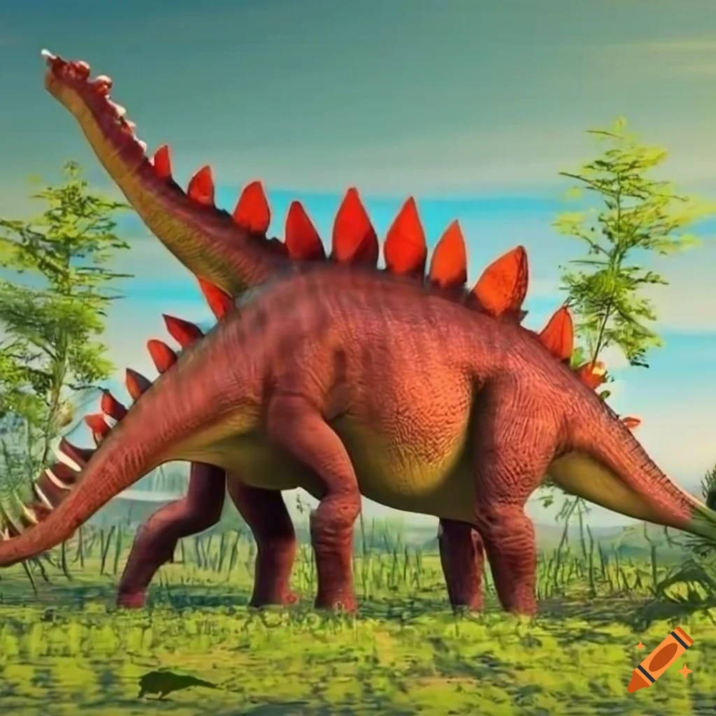 Image of a hidden red stegosaurus in tall vegetation on Craiyon