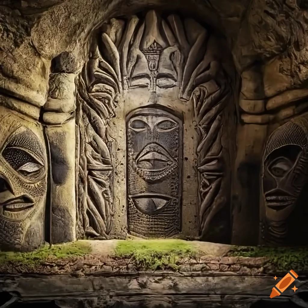Ancient stone door with african masks in a cave on Craiyon