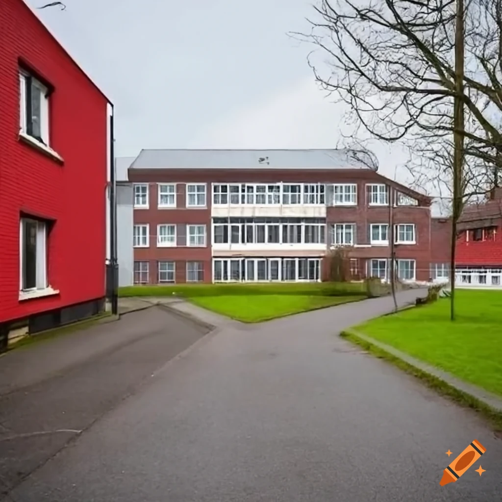 Two-storey school buildings with a grey yard in the middle