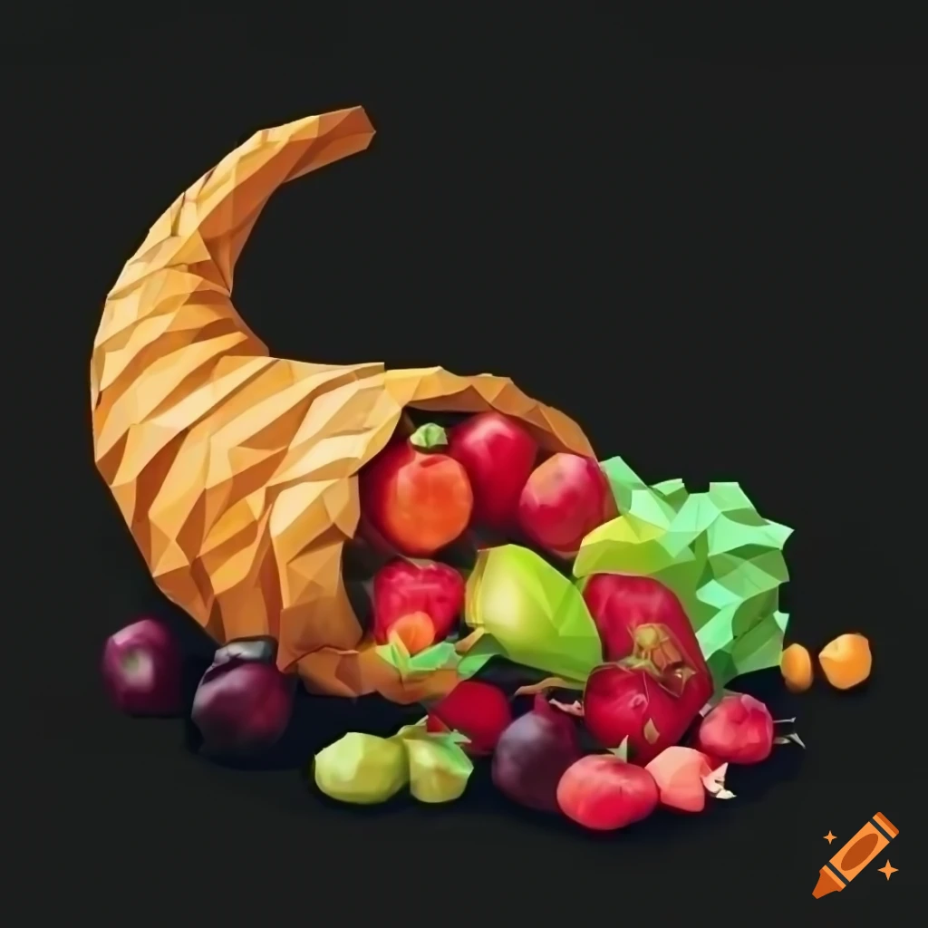 Fruit-filled low poly cornucopia