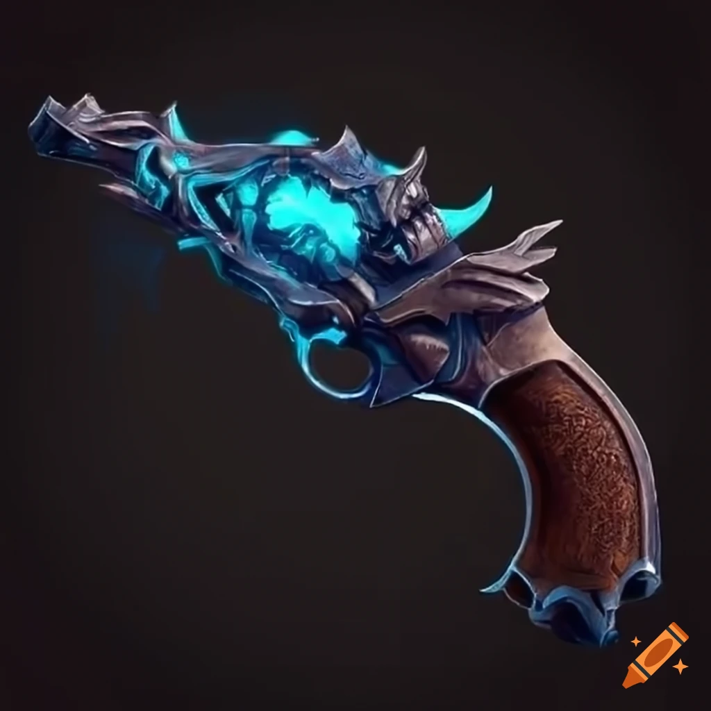 Fantasy revolver crafted from an ancient mossy tree stump on Craiyon