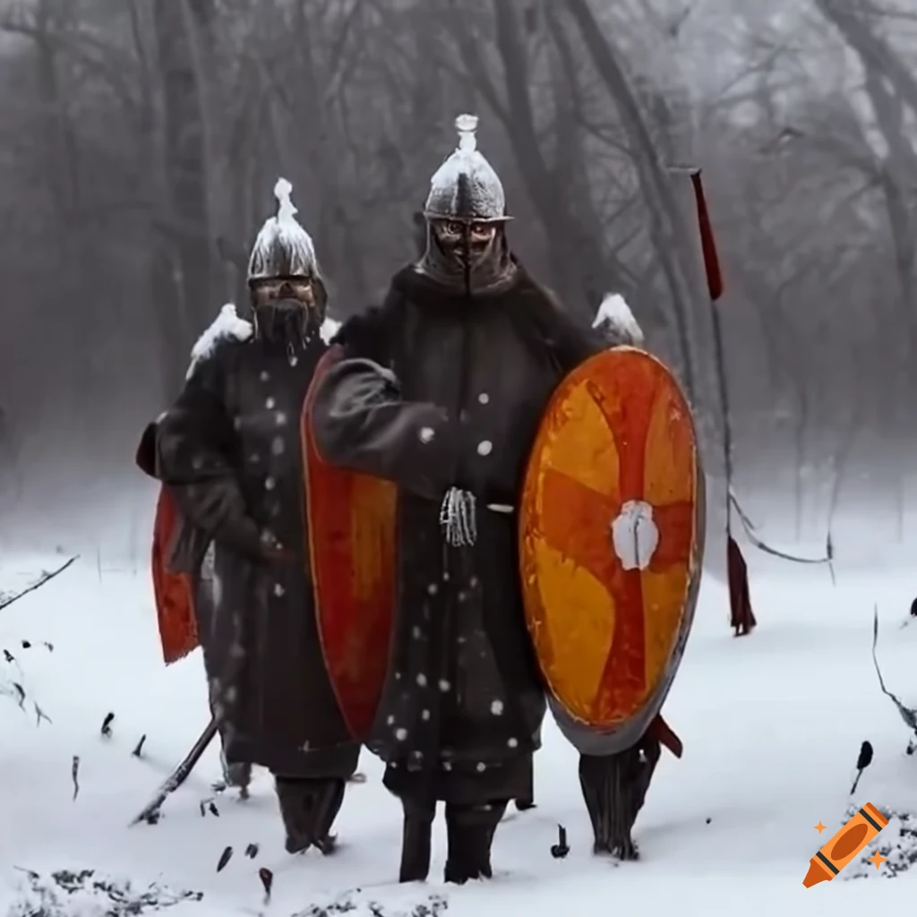 Medieval crusaders marching through the snow