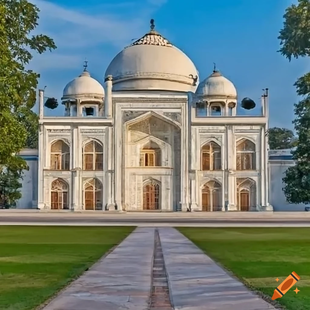 Front view of mahal white house in mediterranean architectural style on ...