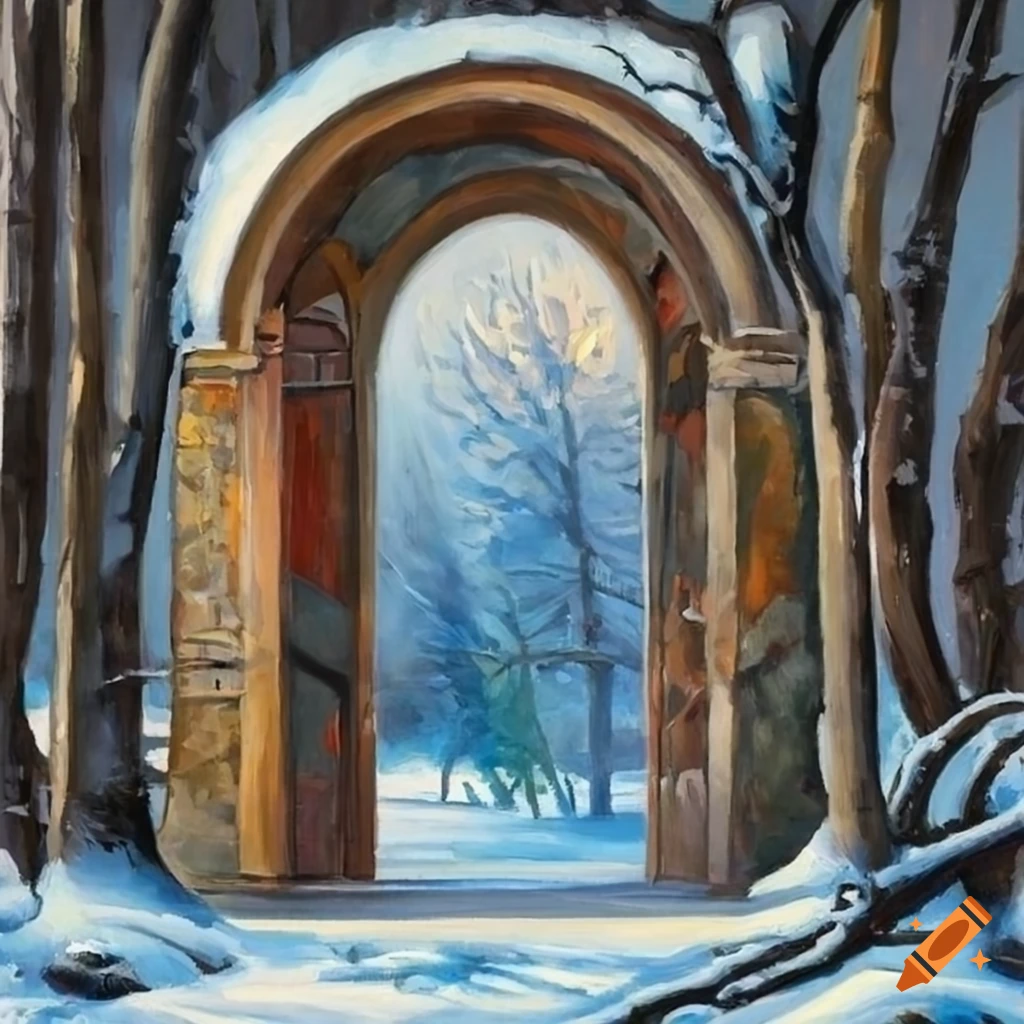 Detailed painting of a stone arched open door in the woods