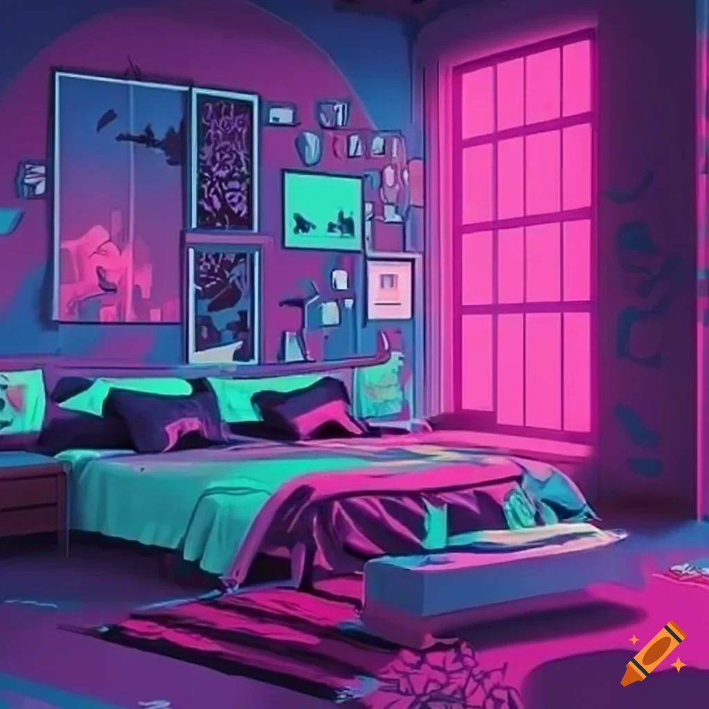 Vaporwave-inspired anime bedroom