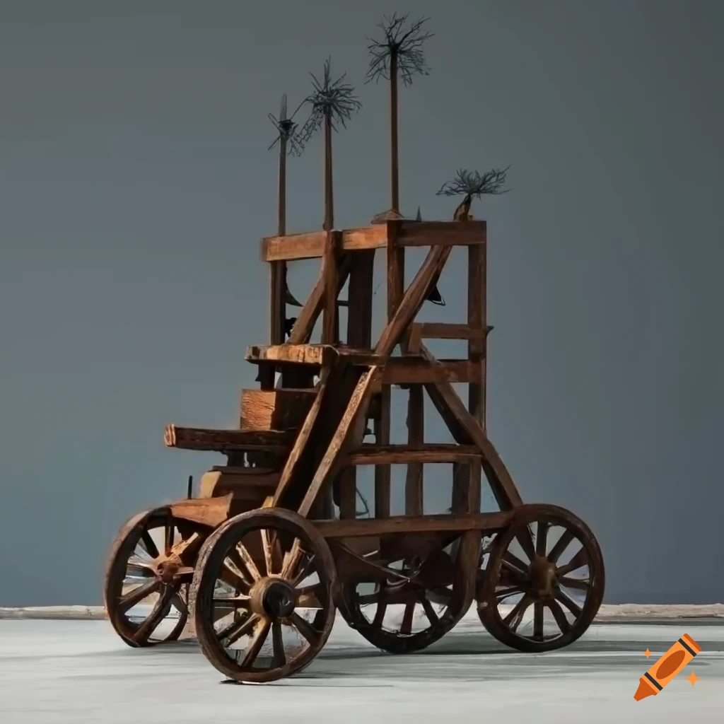 Sculpture of an ancient siege tower with warriors on Craiyon