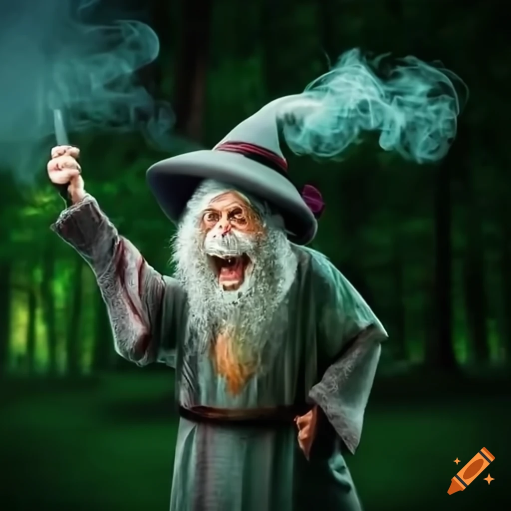 Illustration of a dancing wizard in a green forest on Craiyon