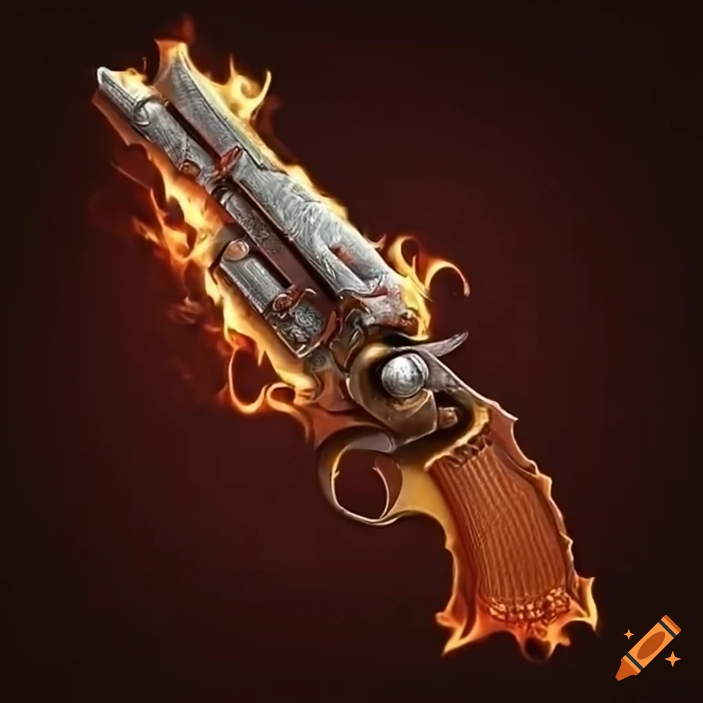Artistic depiction of a flaming revolver on Craiyon