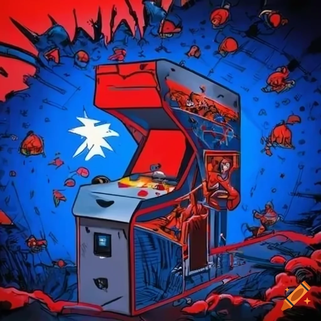 Comic-themed red and blue arcade machine on Craiyon