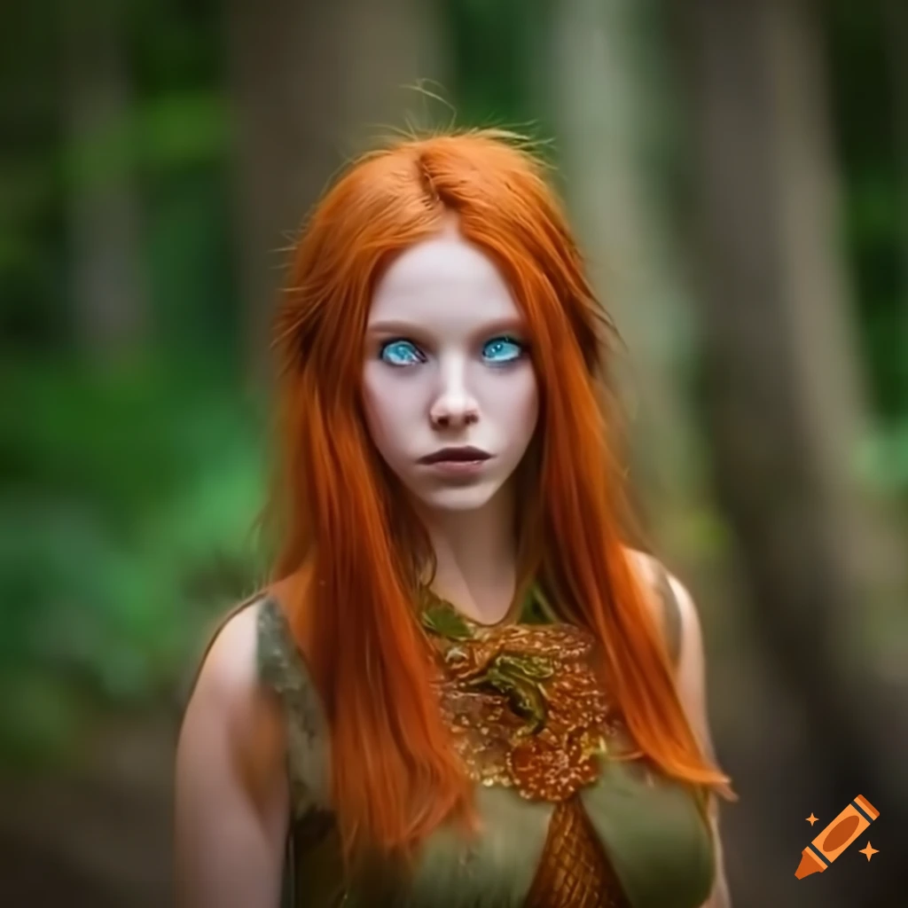 Image of a ginger-haired female elf in a forest on Craiyon