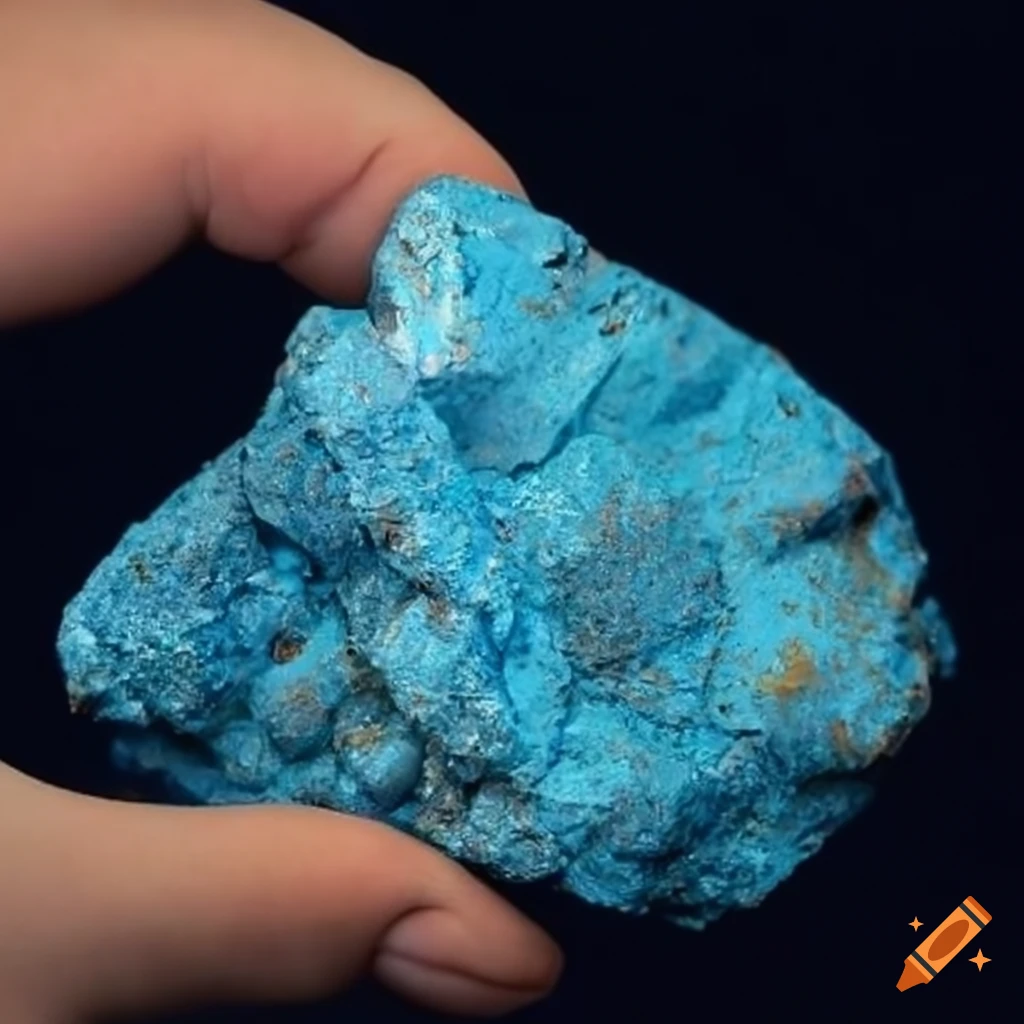 Hand holding a small light blue metal ore on Craiyon