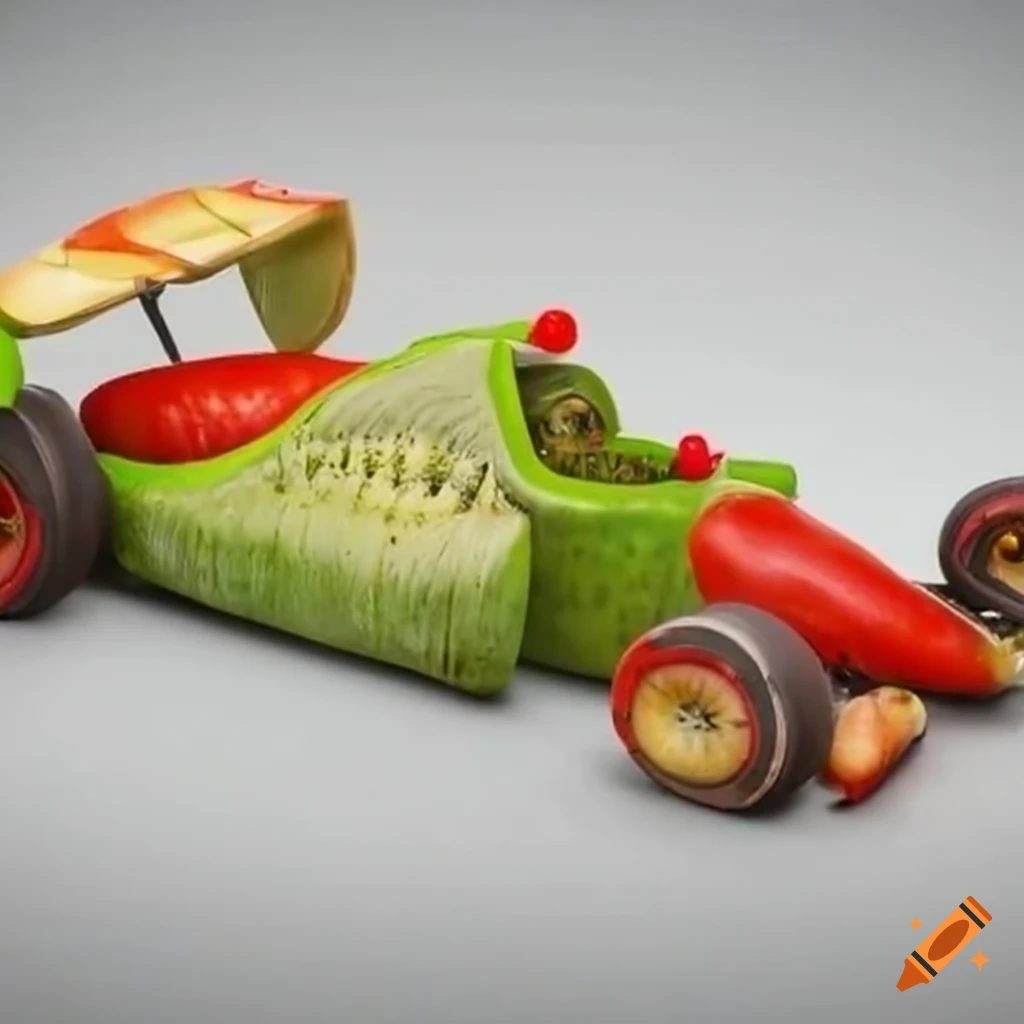 Artistic representation of a F1 car made with vegetables and fruits on ...