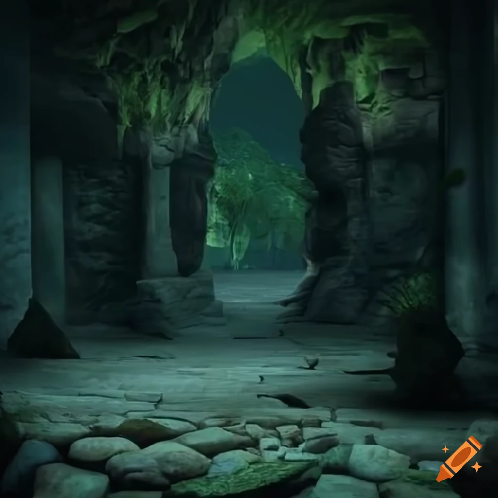 Image of a gray rock cave with stone benches on Craiyon