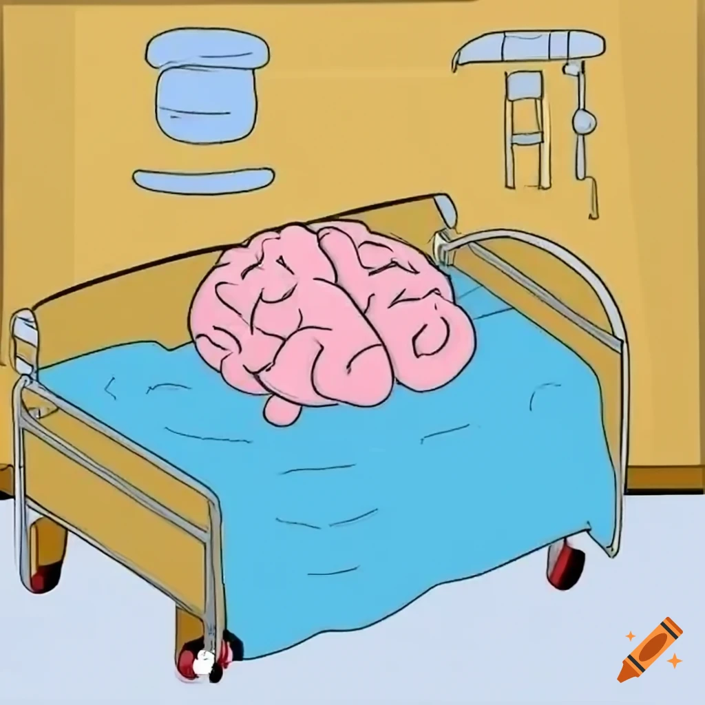 Cartoon image of a brain receiving medication in a hospital bed on Craiyon