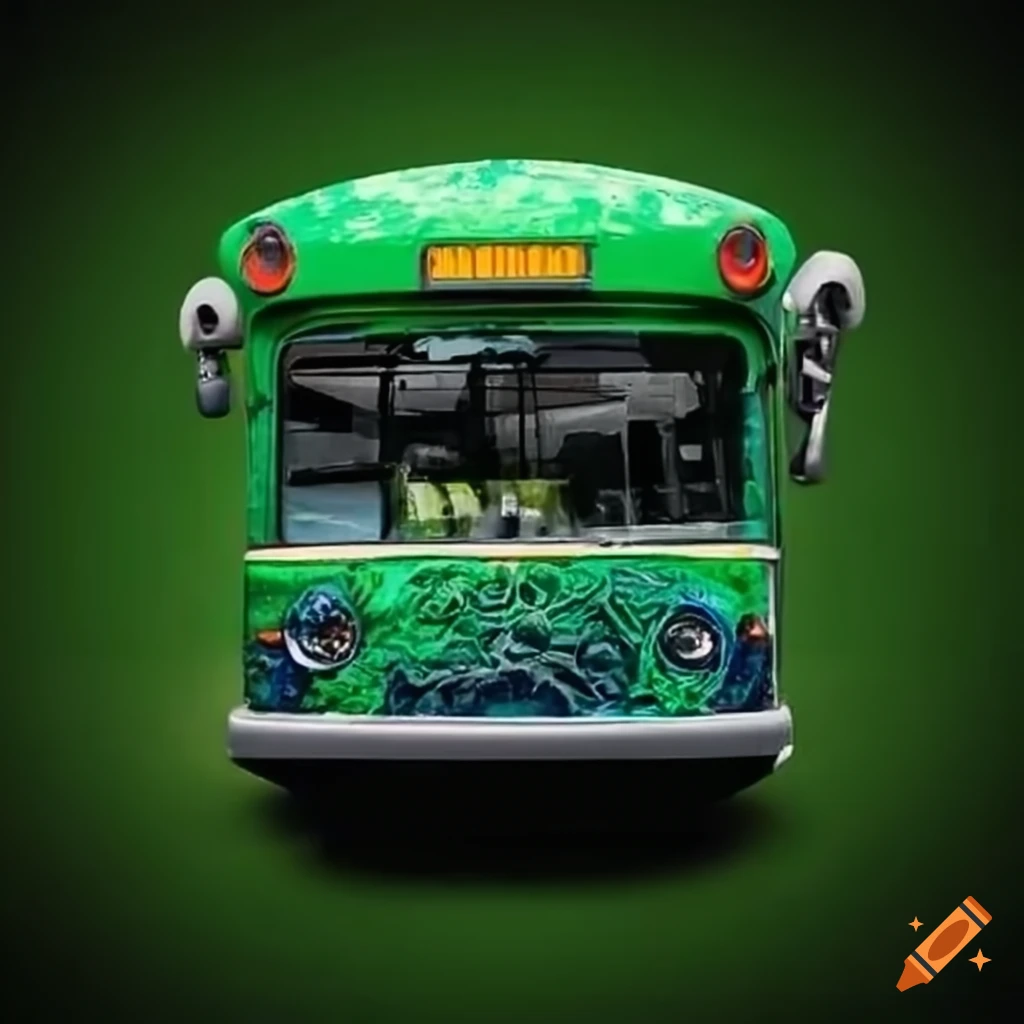 Vibrant green bus on a city street on Craiyon