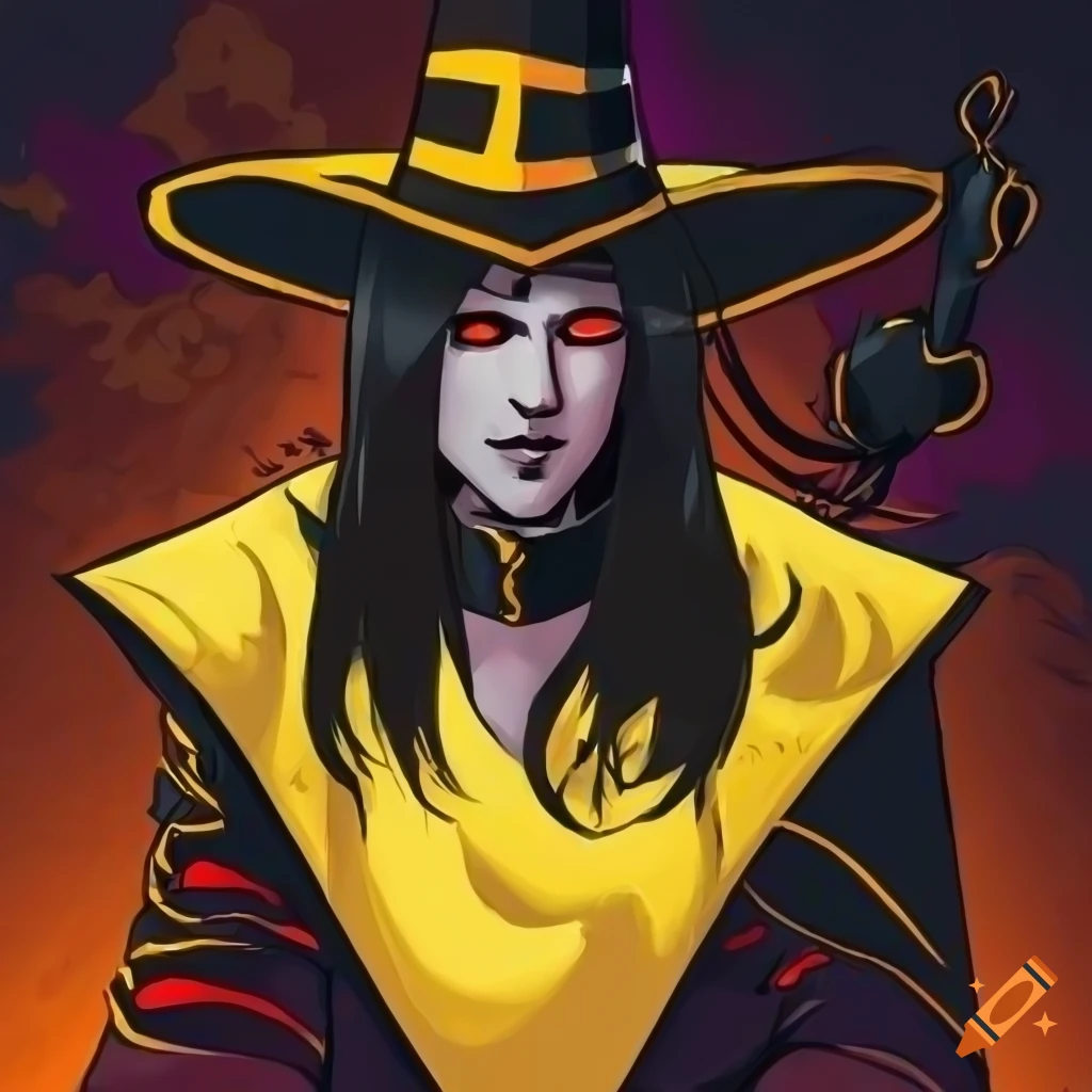 Dark magician in a yellow robe with red eyes