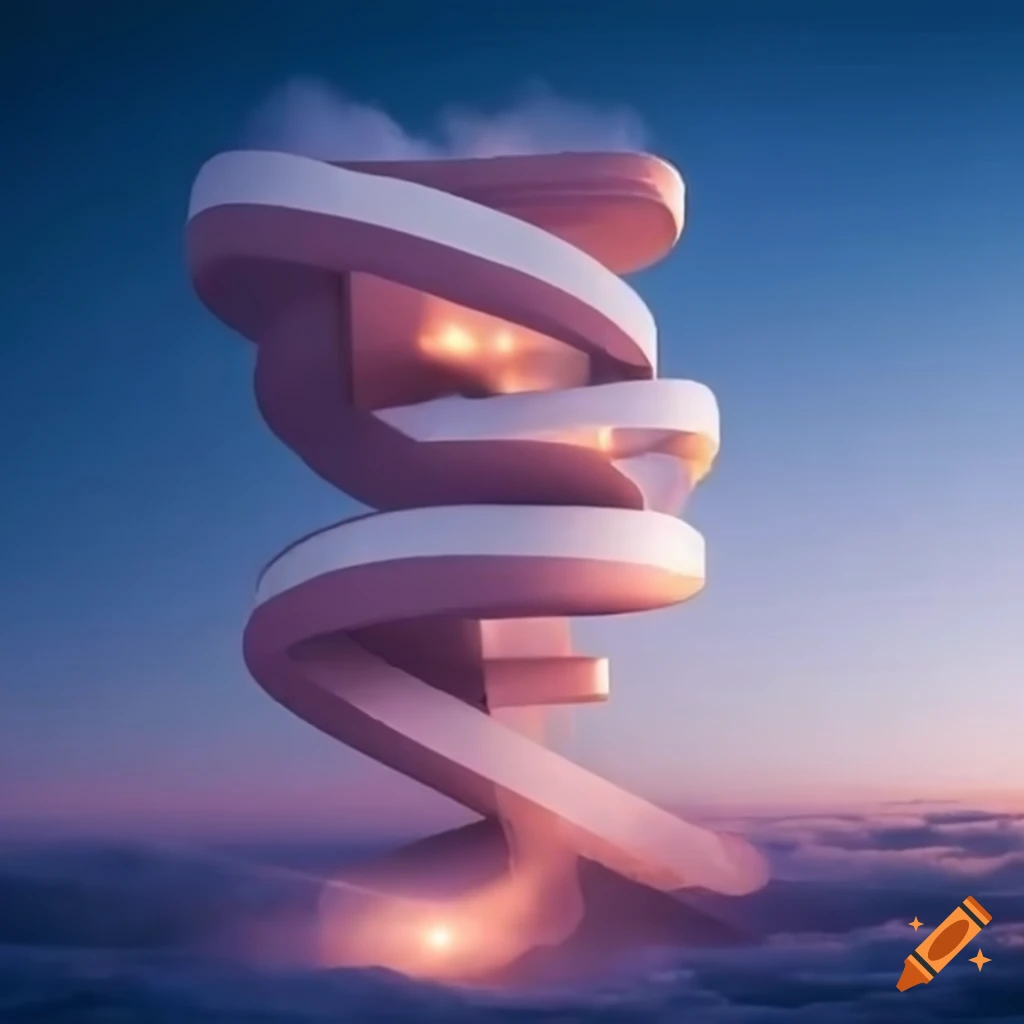 Concept art of a building with spiral cloud stairs on Craiyon