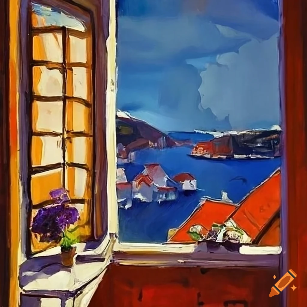 Window view of a norwegian coastal town with flowers and rooftops on ...