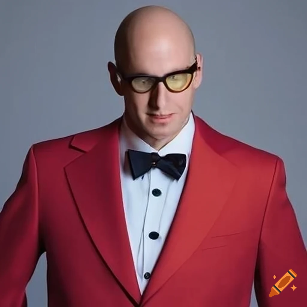 Image of a stylish bald politician in a red tuxedo on Craiyon