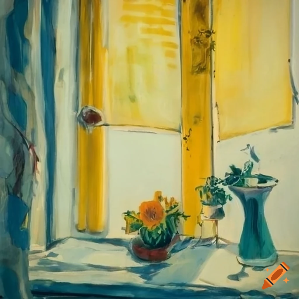 View of window with flowers and yellow roller blind on Craiyon