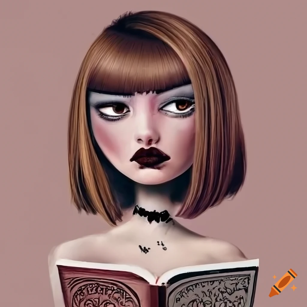 Girl with french brown bob and bangs reading a book in Tim Burton style ...