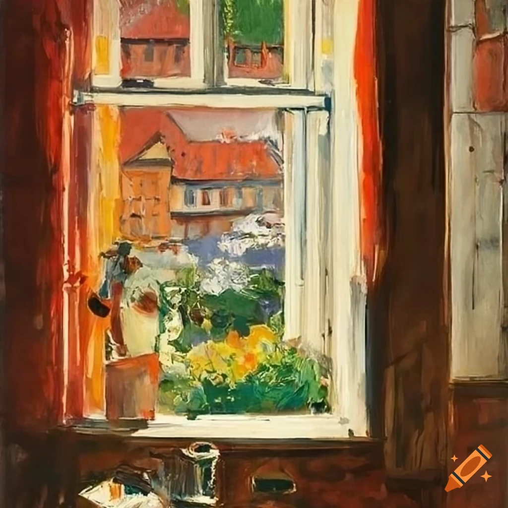 Window view of a norwegian coastal town with flowers and rooftops