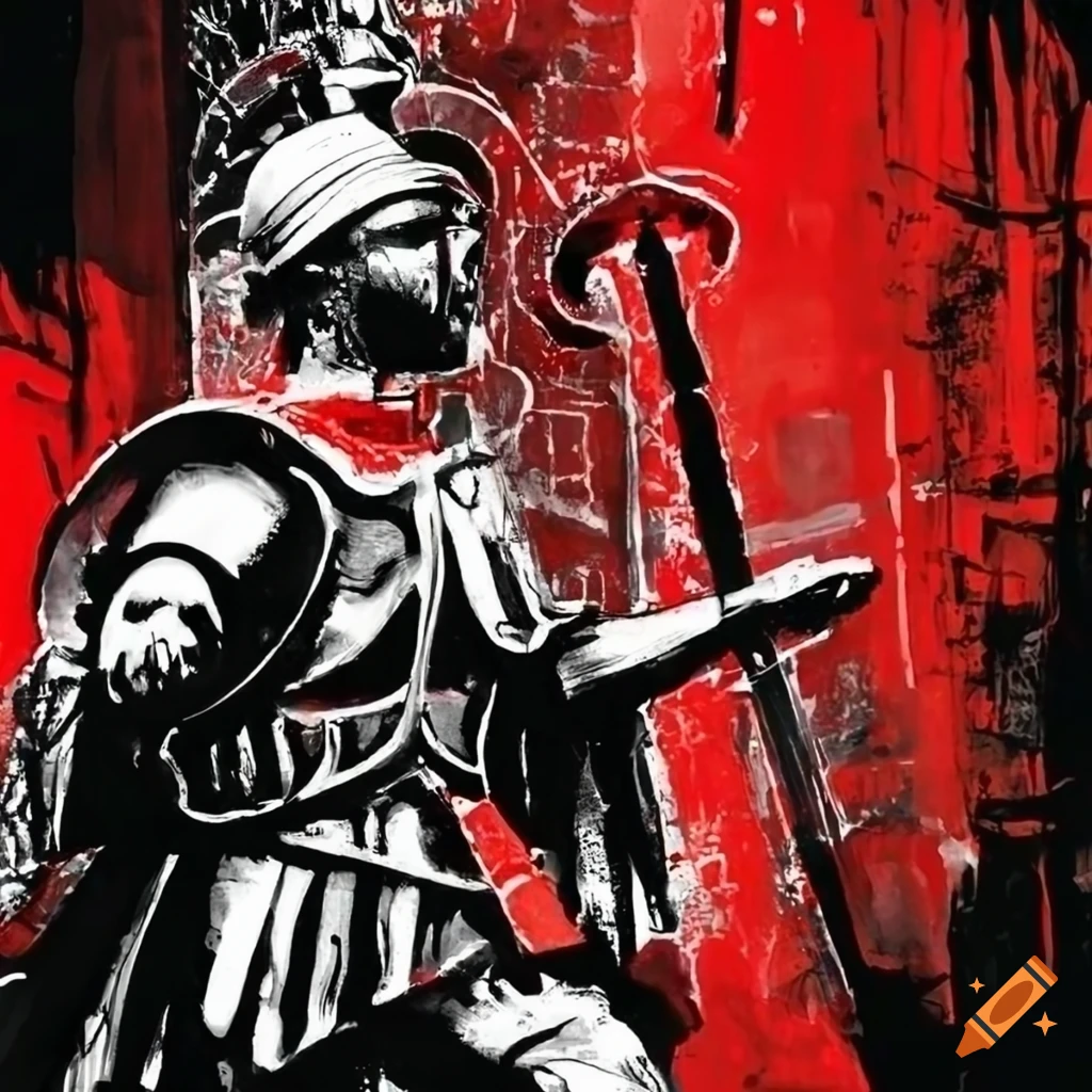 Red, white and black abstract ink print depicting holy Roman soldiers ...