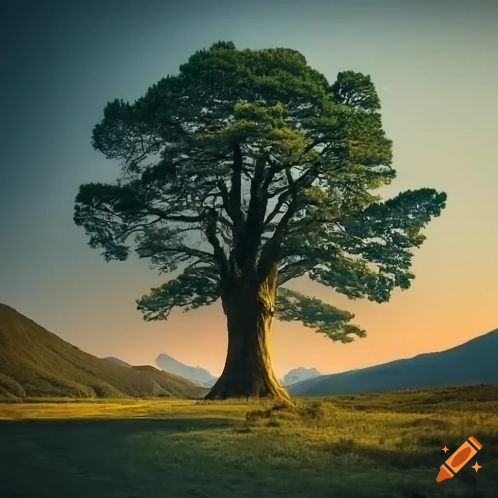 Tree standing tall in a beautiful valley on Craiyon