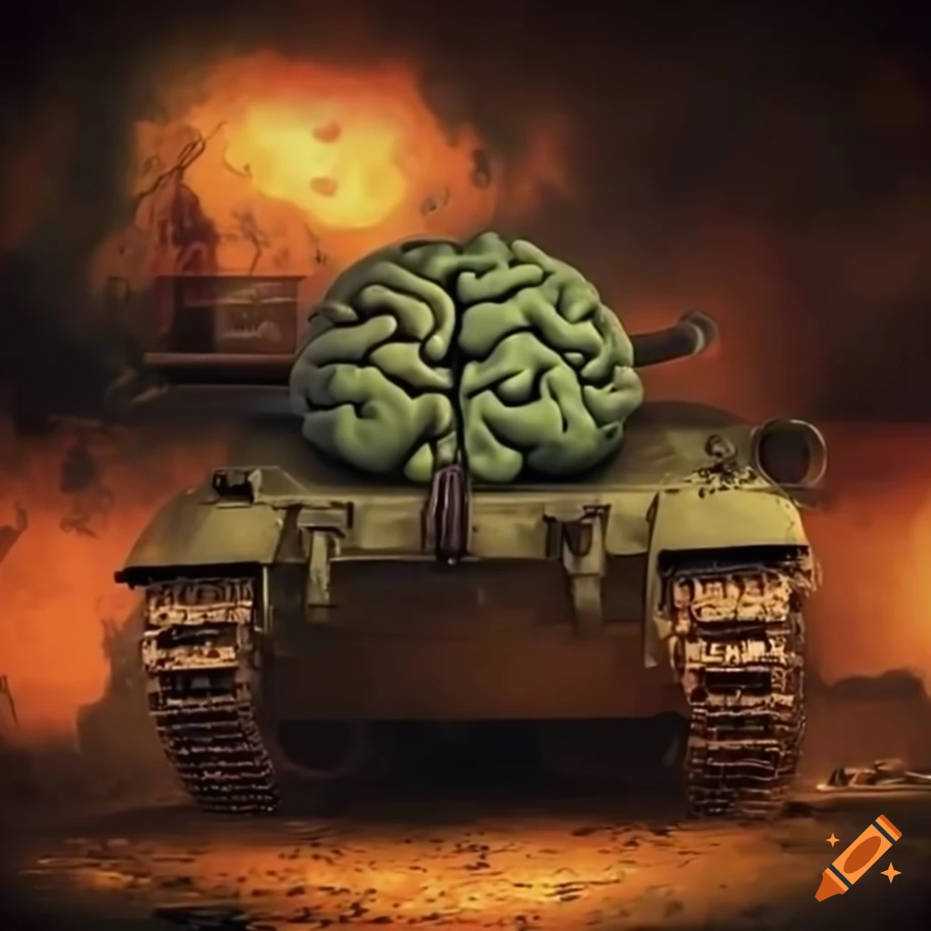 Surreal artwork of a brain driving a tank on Craiyon