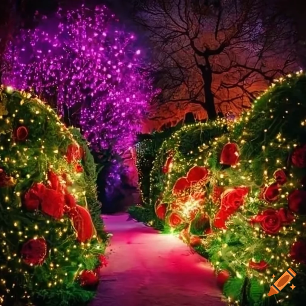 Christmas garden with blooming roses and magical lights on Craiyon