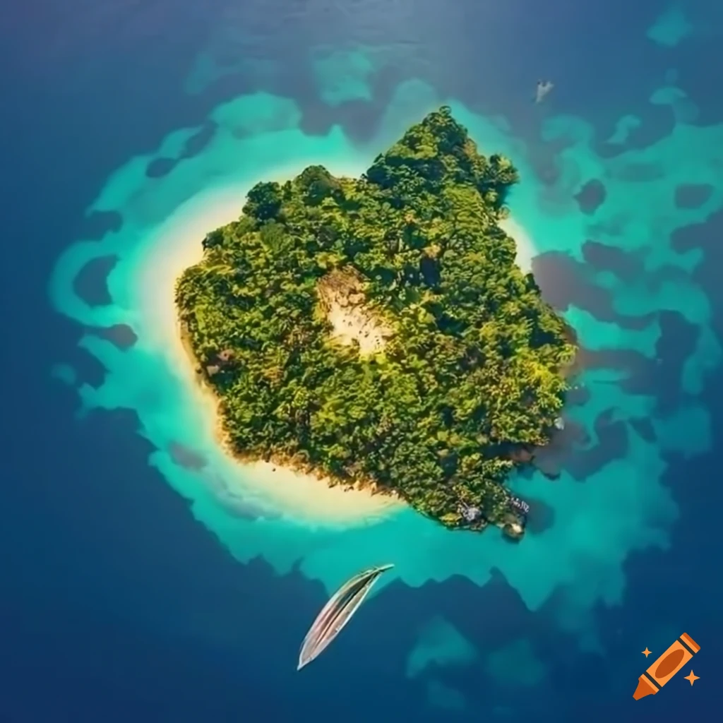 Comic book style aerial view of a tropical island on Craiyon