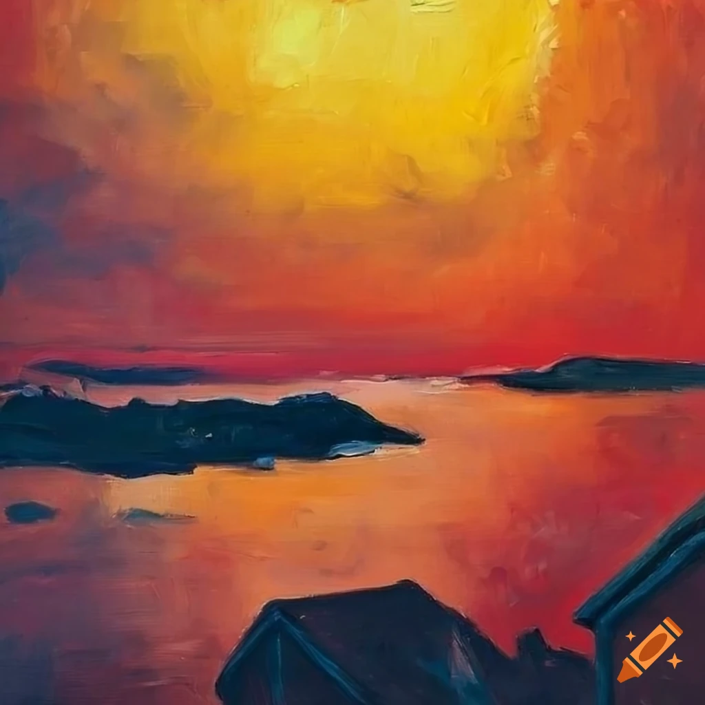 Oil painting of a colorful seaside town at sunset on Craiyon
