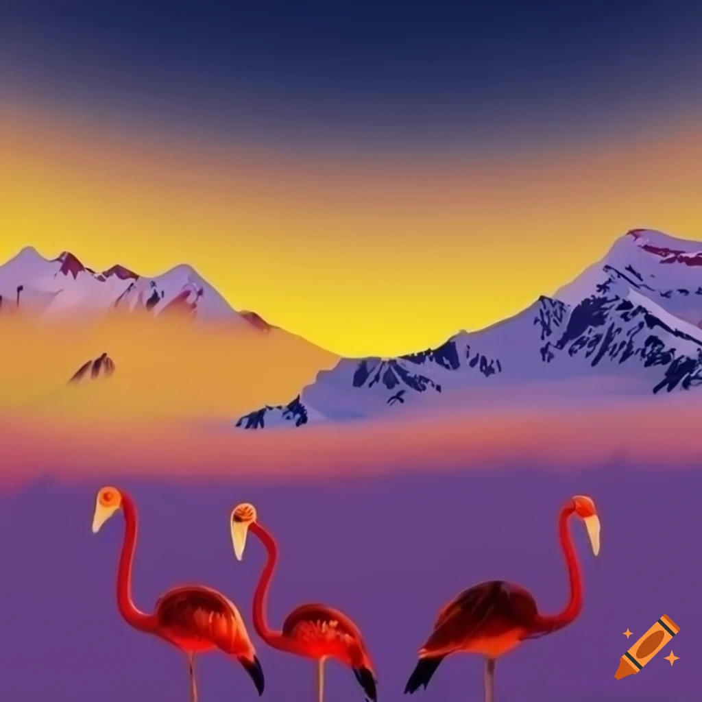 Nighttime snowy mountain landscape with a flamingo on Craiyon