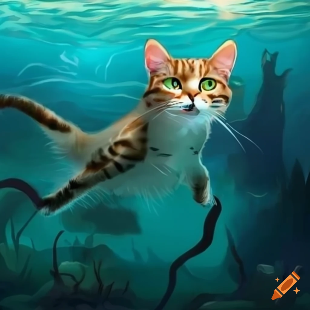 Artistic representation of a cat swimming in the sea